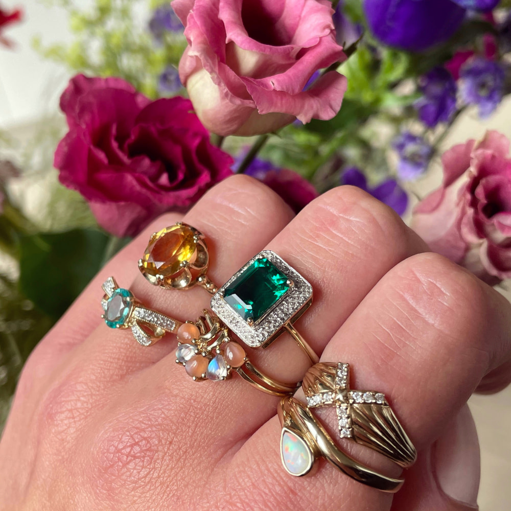 Vintage ring - "Day & Night" Maansteen & Zonnesteen - Sieradenmeisje